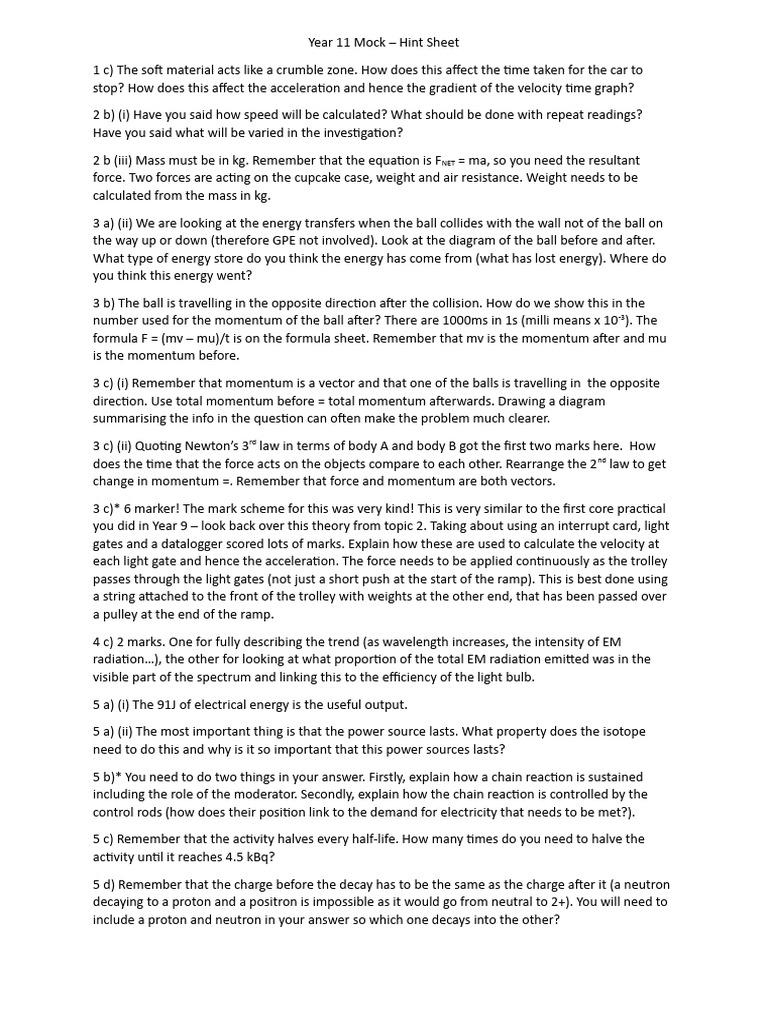 Hint Sheet For Year 11 Mock | PDF | Momentum | Force