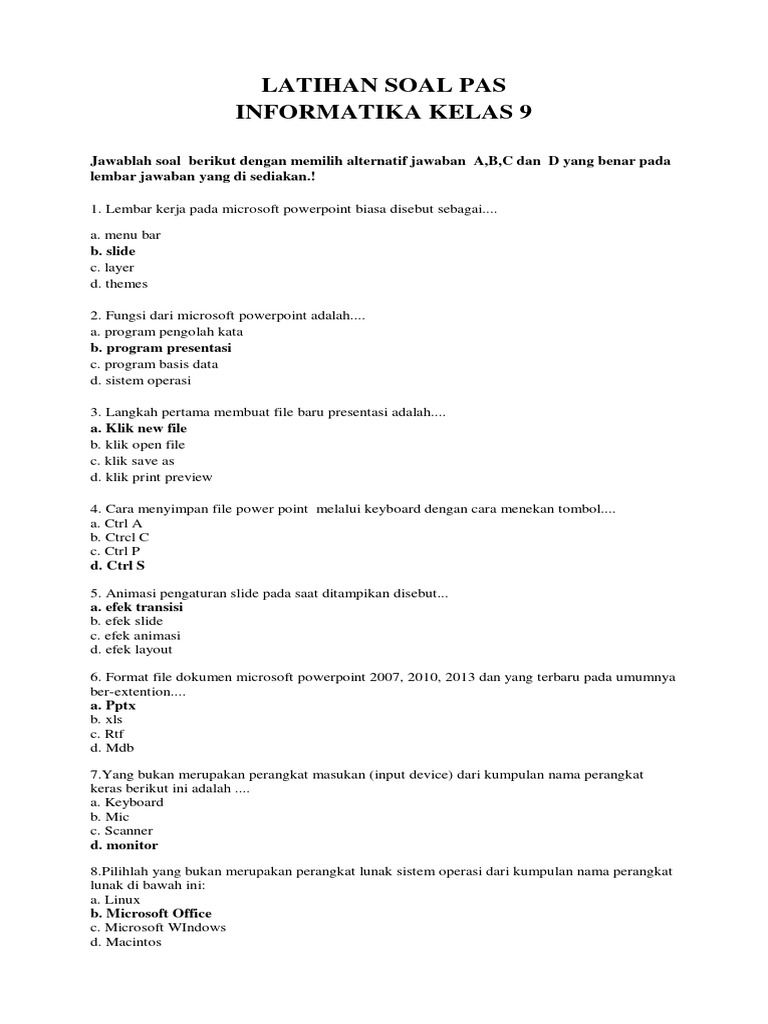 Kunci Latihan Soal Pas Informatika Kelas 9 A-H | PDF