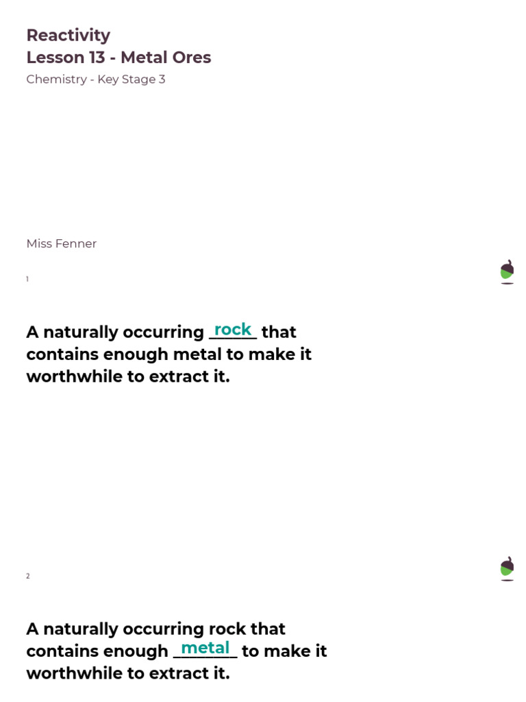 Science ks3 Lesson Sci Y9 U2 l13 | PDF | Oxide | Metals