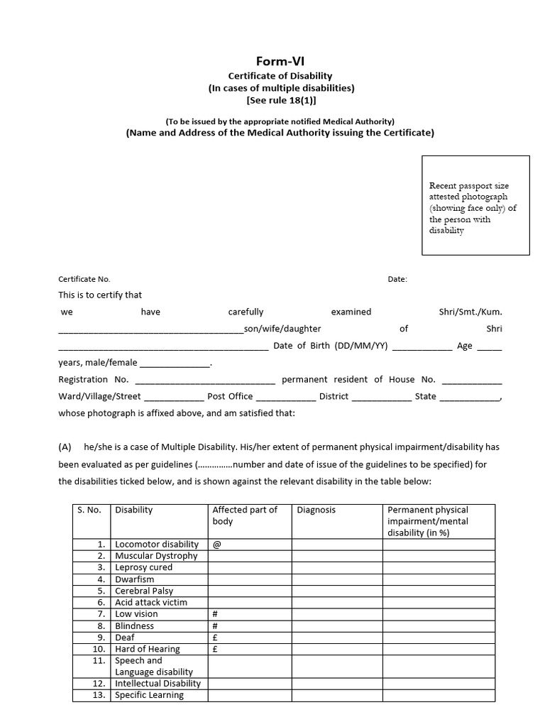 Form-VI Disability Certificate Overview | PDF | Disability | Visual ...