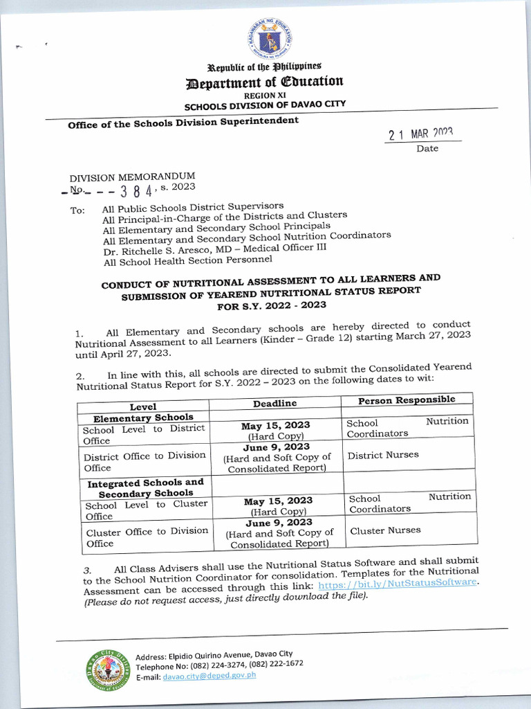 2023 DM No. 384 CONDUCT OF NUTRITIONAL ASSESSMENT TO ALL LEARNERS AND SUBMISSION OF YEAREND ...
