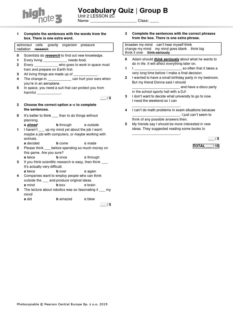 HighNote3 U2C Vocabulary Quiz B | PDF | Mind | Cognition