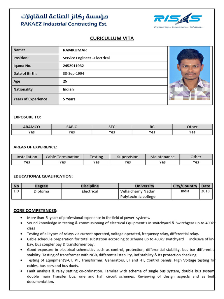 CV - Ramkumar (Service Eng) | PDF | Electrical Substation | Transformer