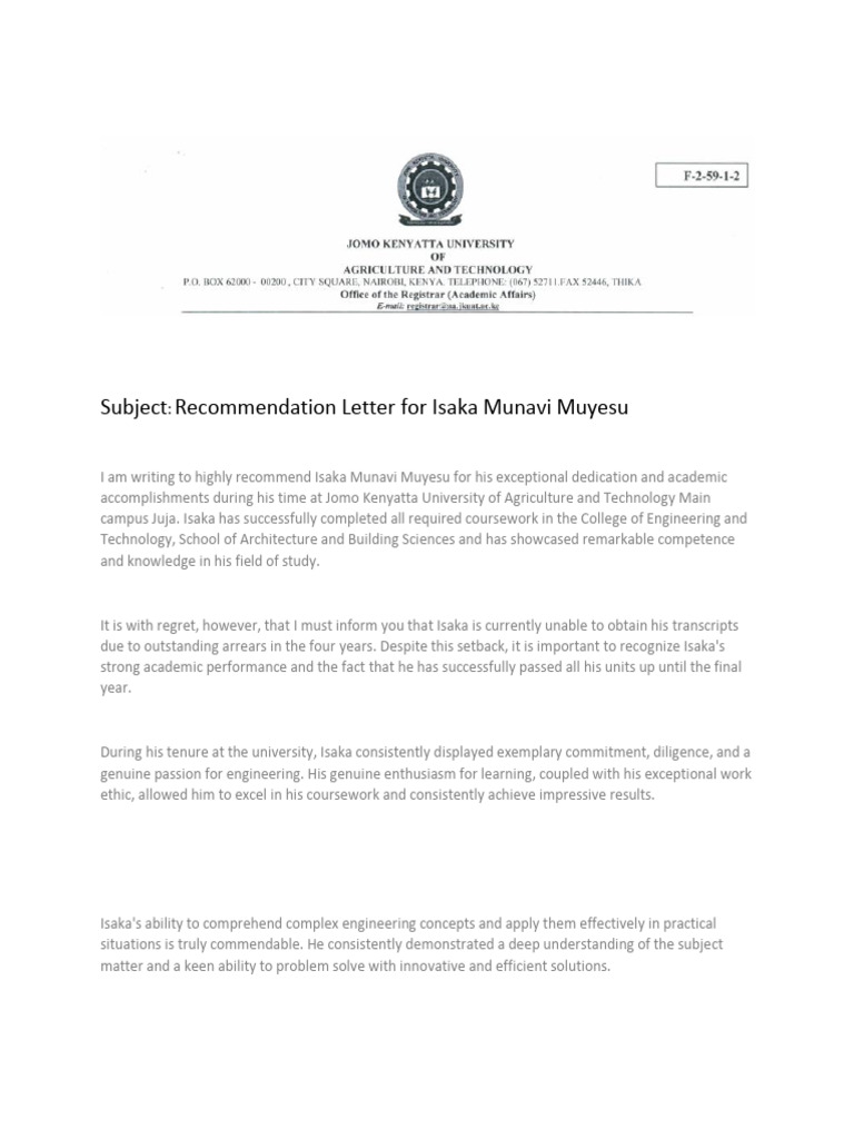 Recomendation Letter JOMO KENYATTA UNIVERSITY | PDF | Career & Growth