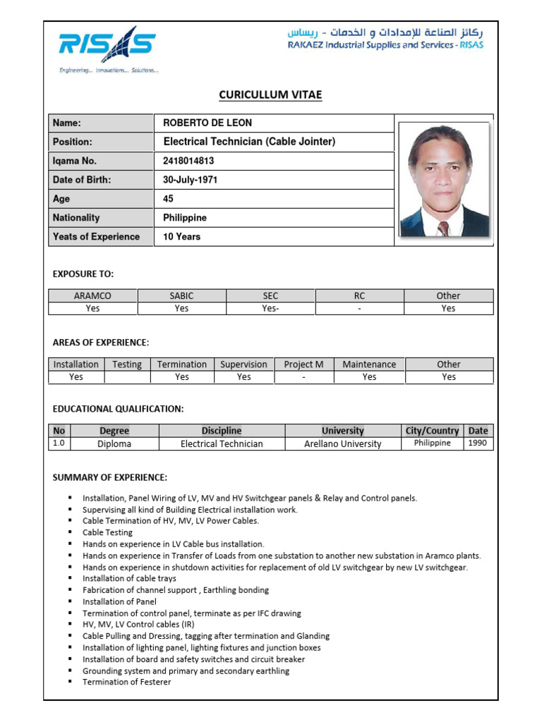 CV - Roberto (Electrical Technician) | PDF | Electrical Substation | Electrical Wiring