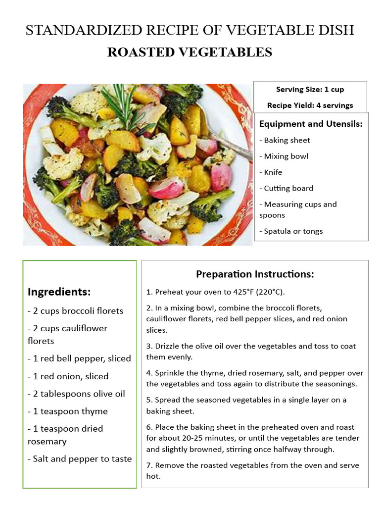 Standardized Recipe of Vegetable Dish | PDF | Cooking | Vegetables
