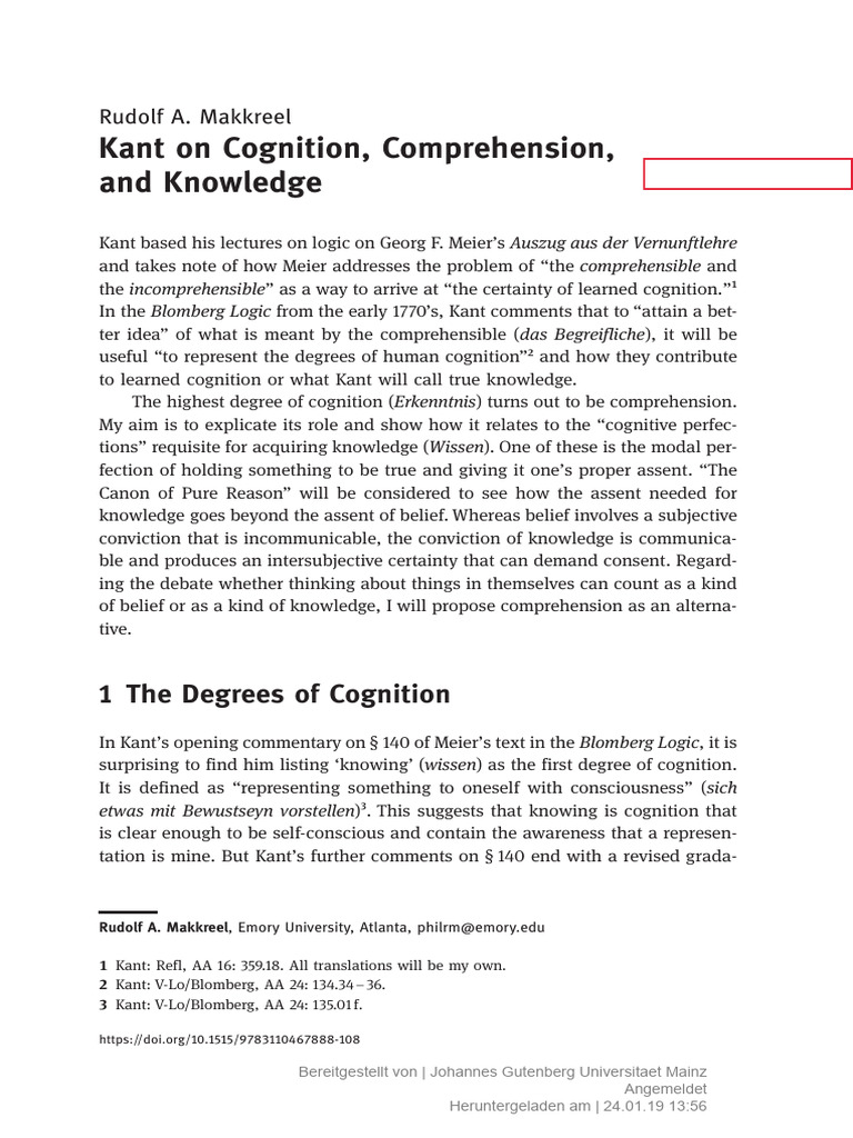 Kant On Cognition Comprehension and Know | PDF | Immanuel Kant | Knowledge