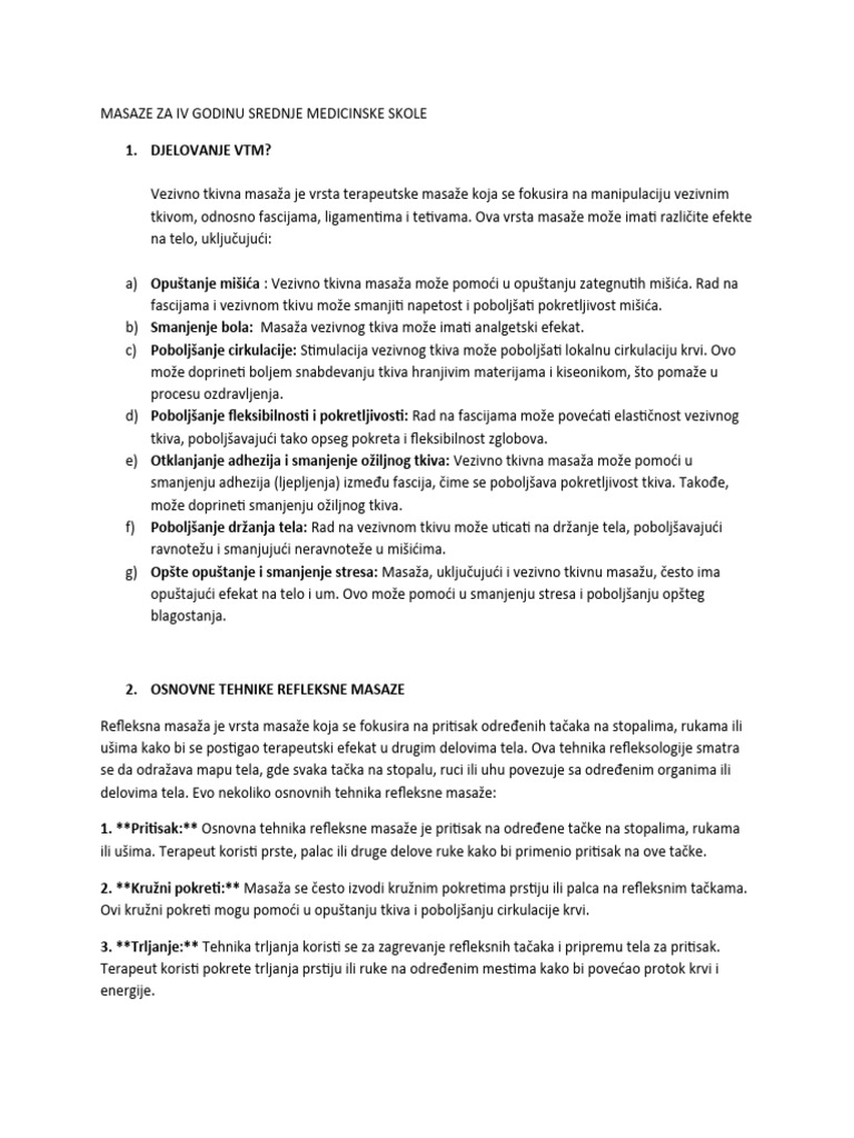 Masaze Za Iv Godinu Srednje Medicinske Skole | PDF