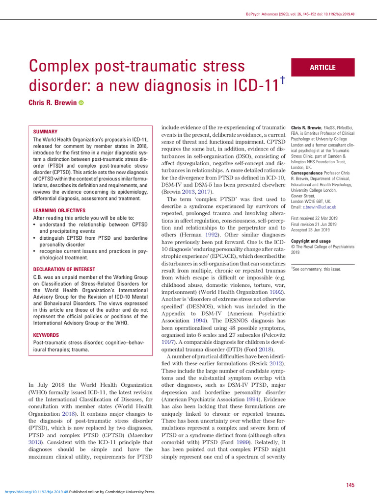 Complex Post-Traumatic Stress Disorder - A New Diagnosis in ICD-11 | PDF