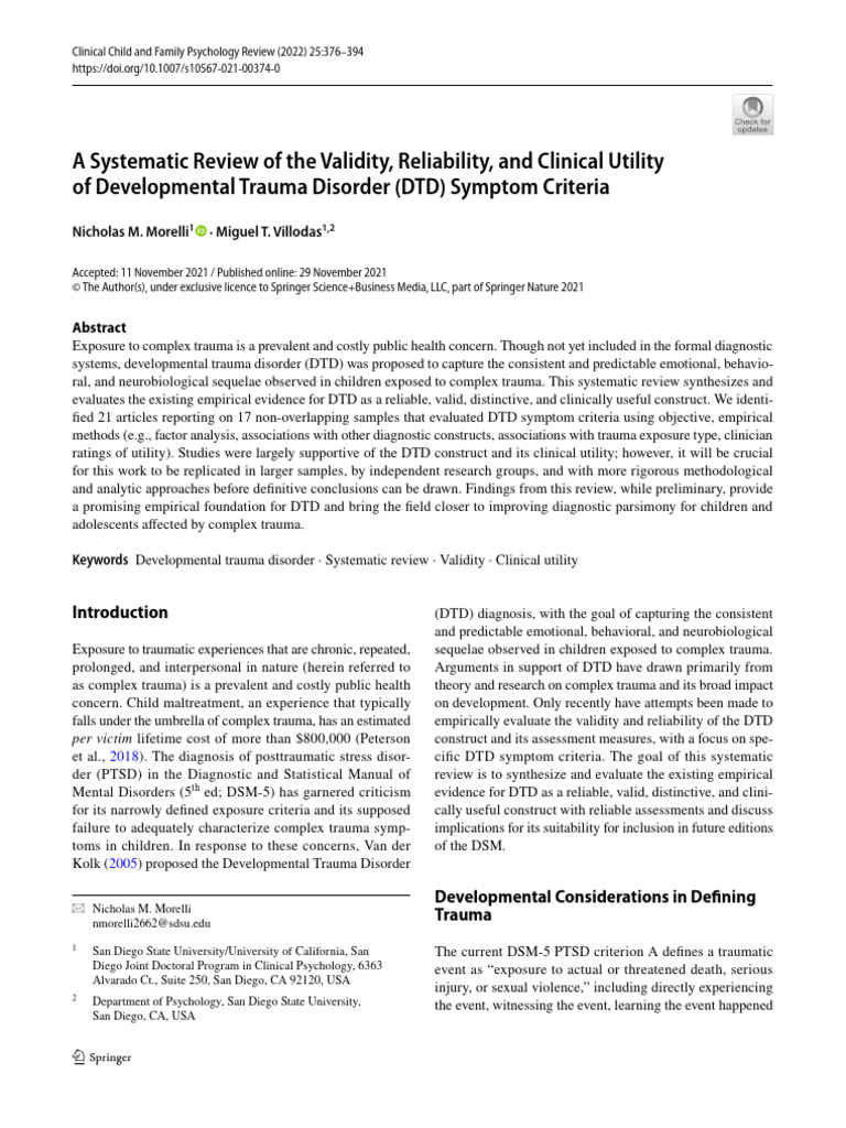 A Systematic Review of The Validity, Reliability, and Clinical Utility of Developmental Trauma ...
