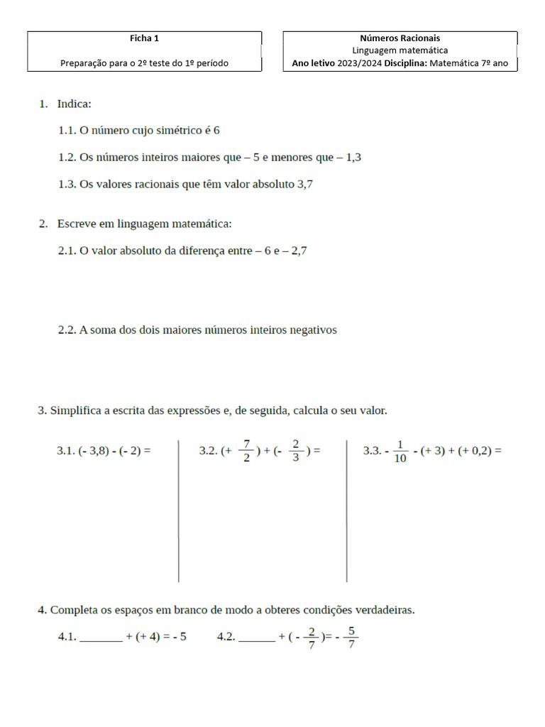 Ficha 1 Linguagem Matem | PDF