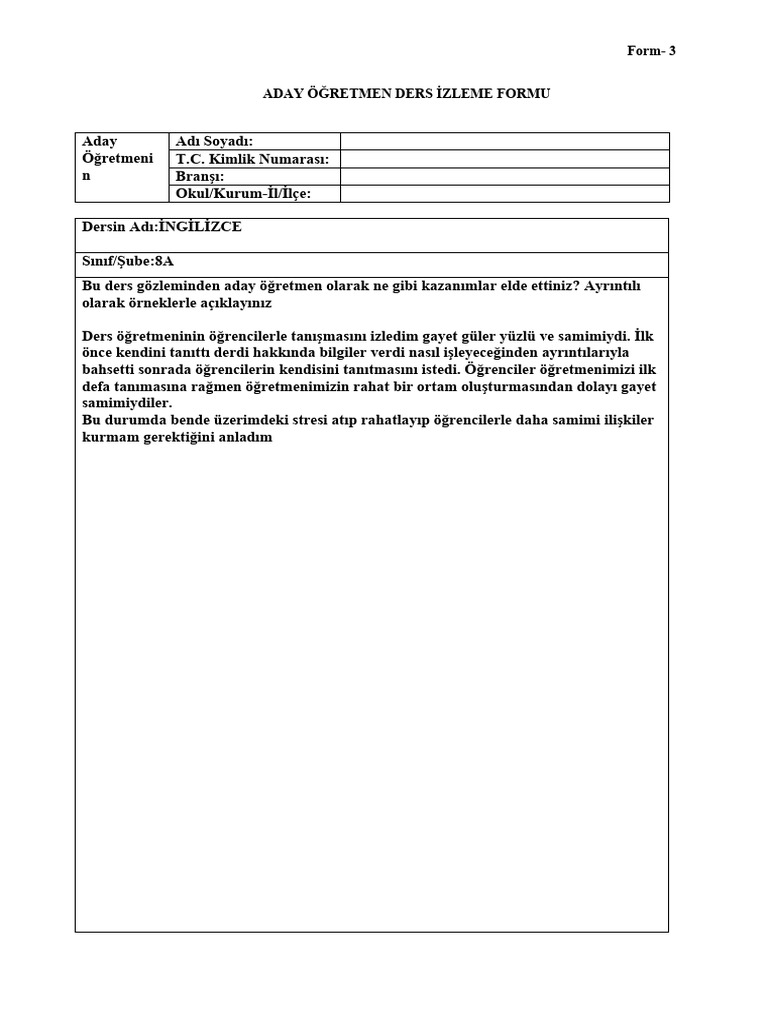 Form 3 Ders Izleme 1h | PDF