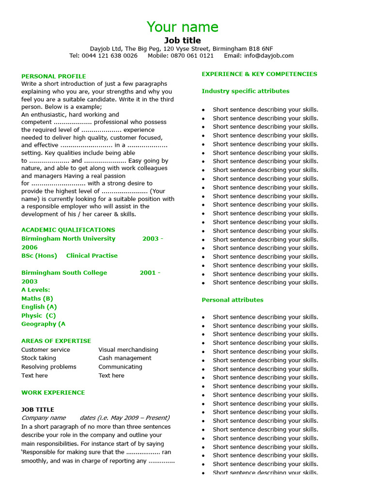 CV Example 4 - Blank 2 Pages | PDF | Résumé | Communication