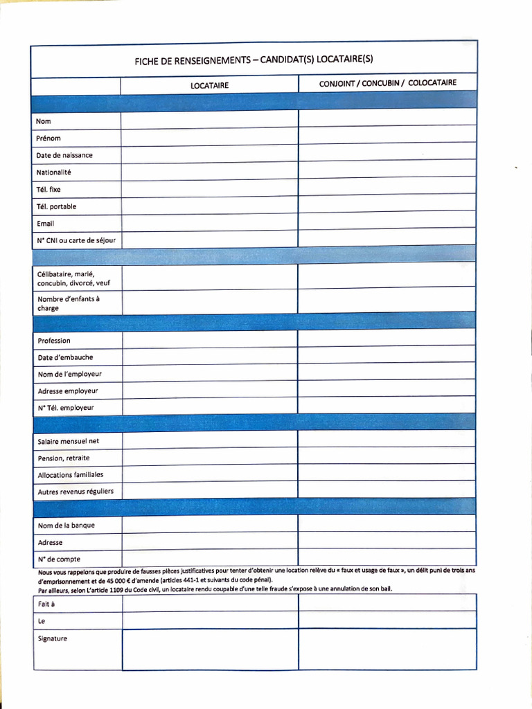 Fiche de Renseignement Candidat Locataire | PDF