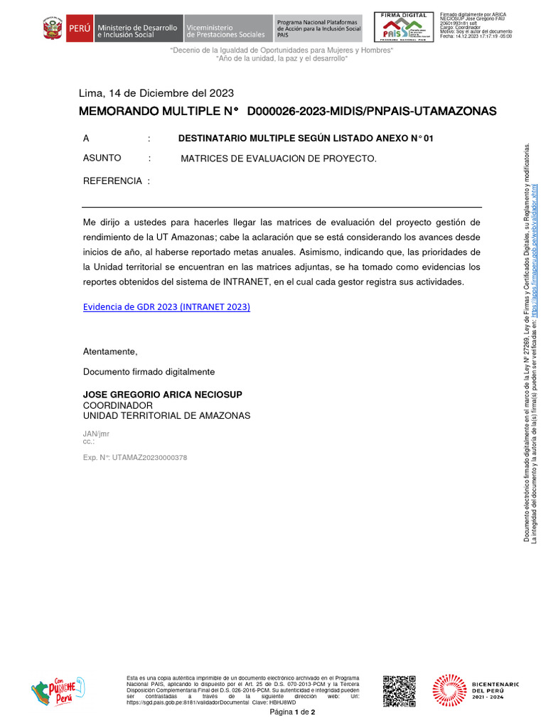 Memorando Multiple 000026 2023 Utamazonas | PDF