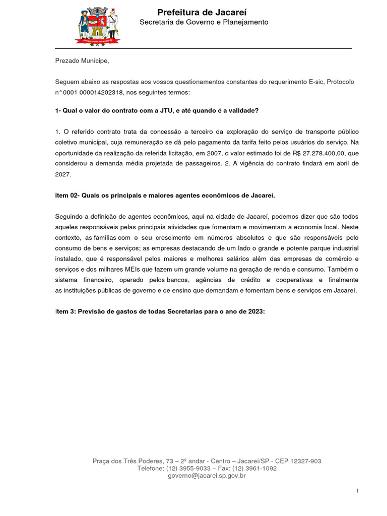 Resposta E-Sic Protocolo N° 0001 000014202318 | PDF | Economia | Vereador