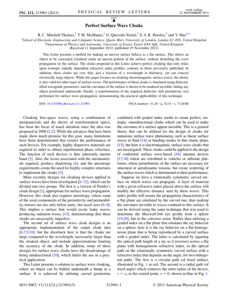 Perfect Surface Wave Cloaks | PDF | Waves | Metamaterial