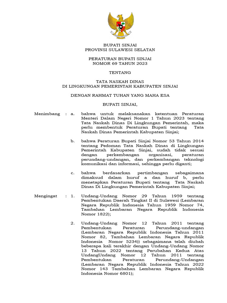 Perbub No. 69 Tahun 2023 Tentang TND Pemda Sinjai | PDF
