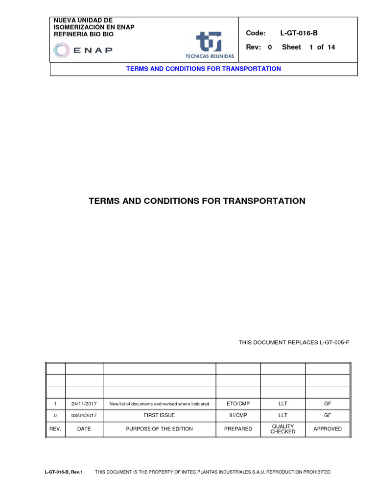 L-GT-016-B Terms Conditions For Transportation - REV. 1 - Revqa-I | PDF | Cargo | Bill Of Lading