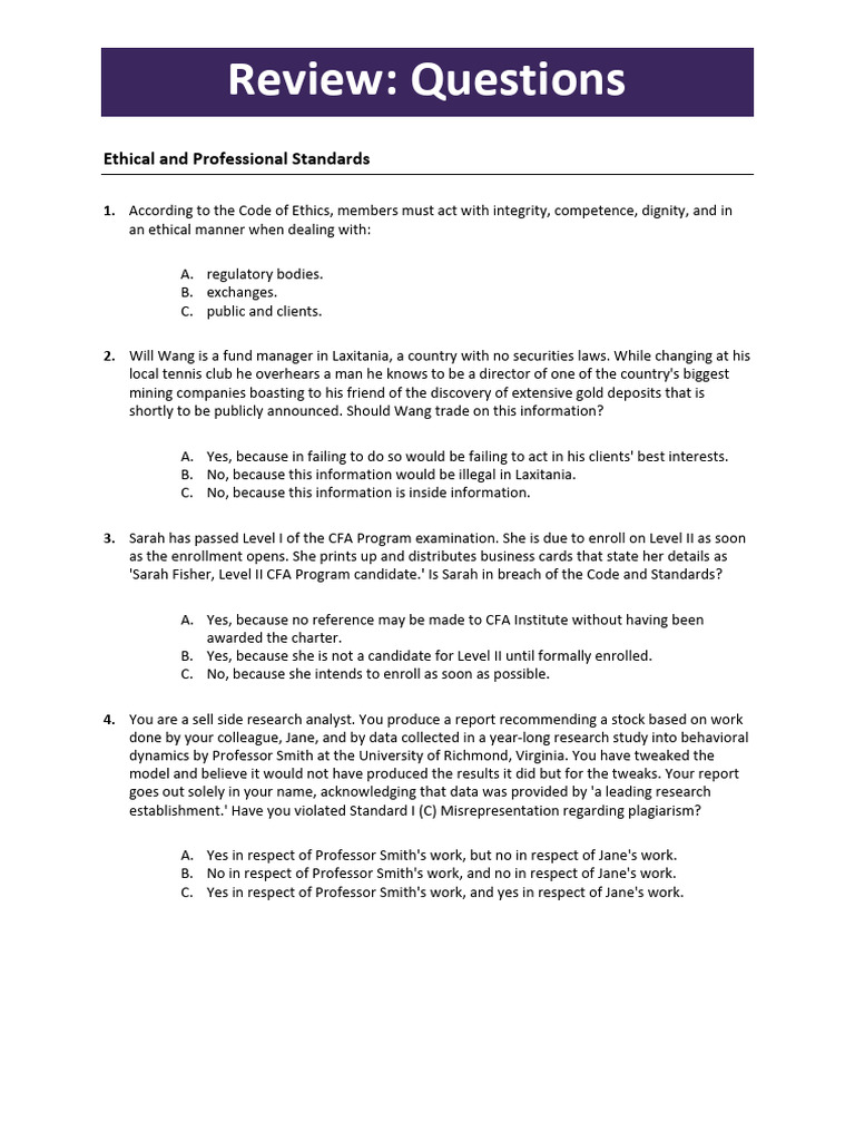 CFA Exam Level I Sample Questions | PDF | Investment Fund | Hedge Fund