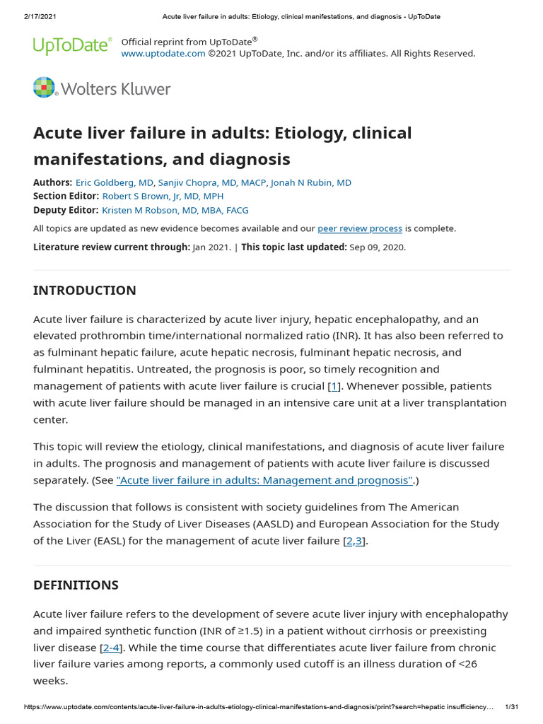 Acute Liver Failure in Adults - Etiology, Clinical Manifestations, and ...