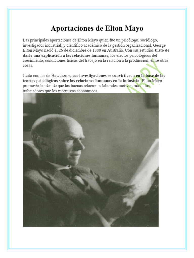 Aportaciones de Elton Mayo a la administración | PDF | Sicología ...
