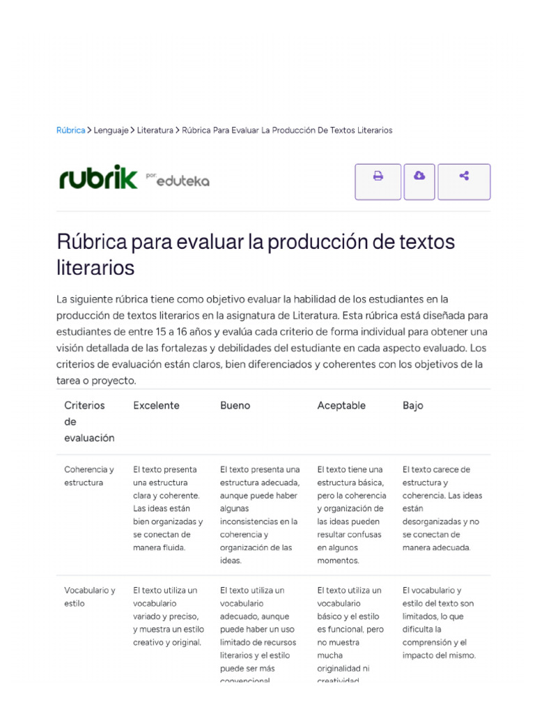 Rúbrica Para Evaluar La Producción De Textos Literarios Pdf 8128
