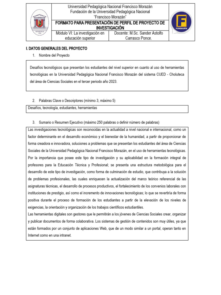 Formato para Formulación de Perfil de Proyectos | PDF | Razonamiento inductivo | Razonamiento ...