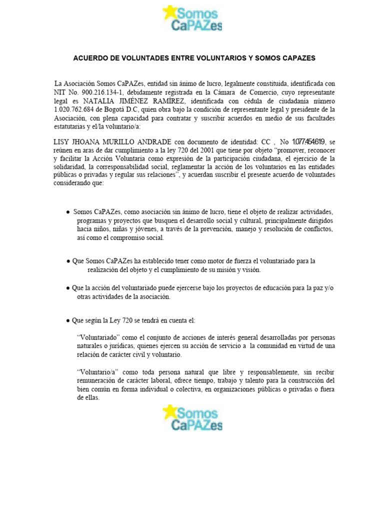 FORMATO ACUERDO DE VOLUNTADES - Voluntario - 2023. | PDF | Trabajar como voluntario | Plan de ...