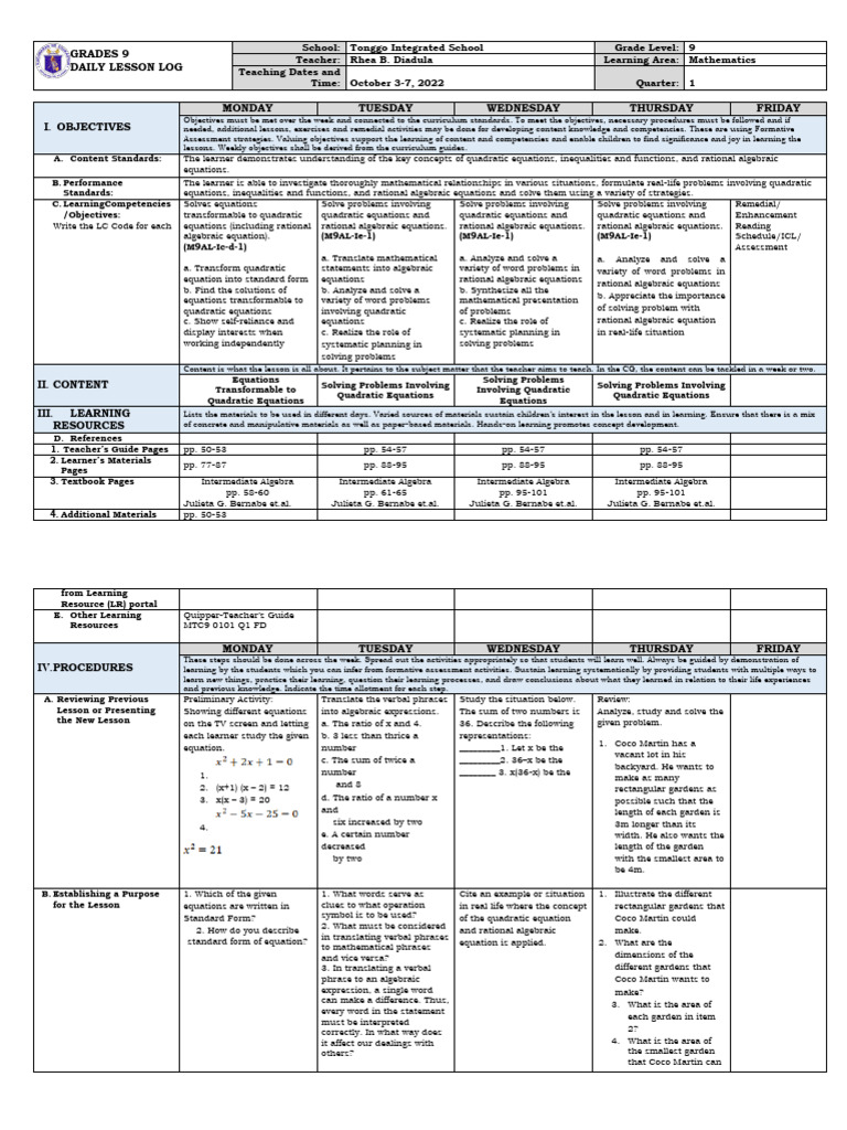 Grade 9 Math Lesson Plan | PDF | Equations | Quadratic Equation