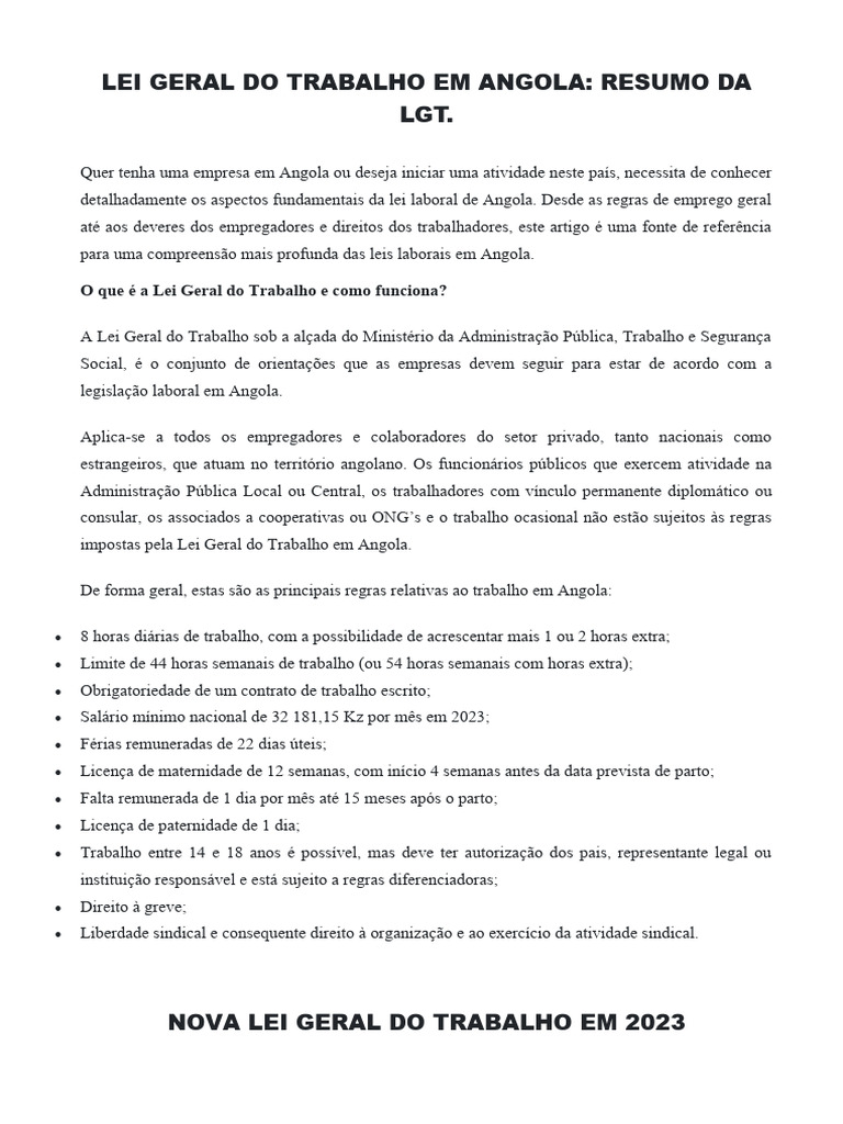 LGT - Lei Geral Do Trabalho em Angola - 2023 | PDF | Férias trabalhistas | Angola