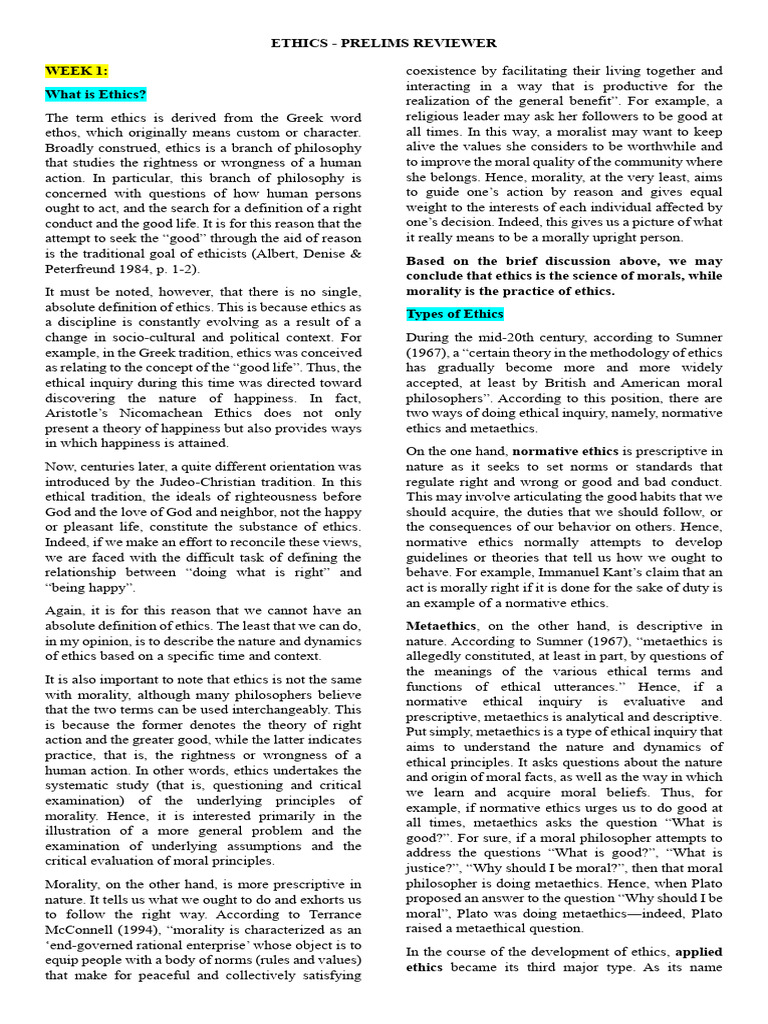 Ethics Prelim Reviewer | PDF | Morality | Reason