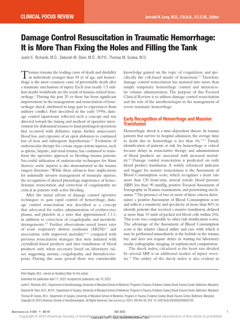 Richards JE, Damage Control Resuscitation in Traumatic Hemorrhage, It Is More Than, Anesthesiol ...