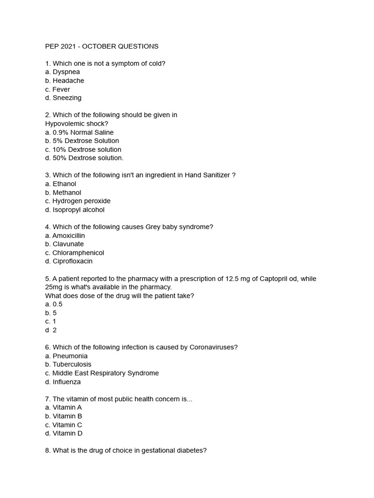 Pep 2021 - October Questions | PDF | Pharmacology | Medical Treatments