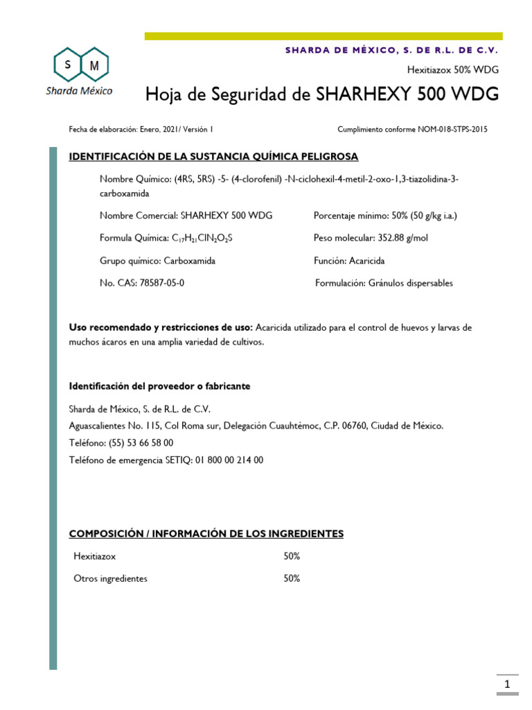 Hexitiazox 50 WDG Hoja de Seguridad Enero 2021 | PDF | Pesticida | Agua