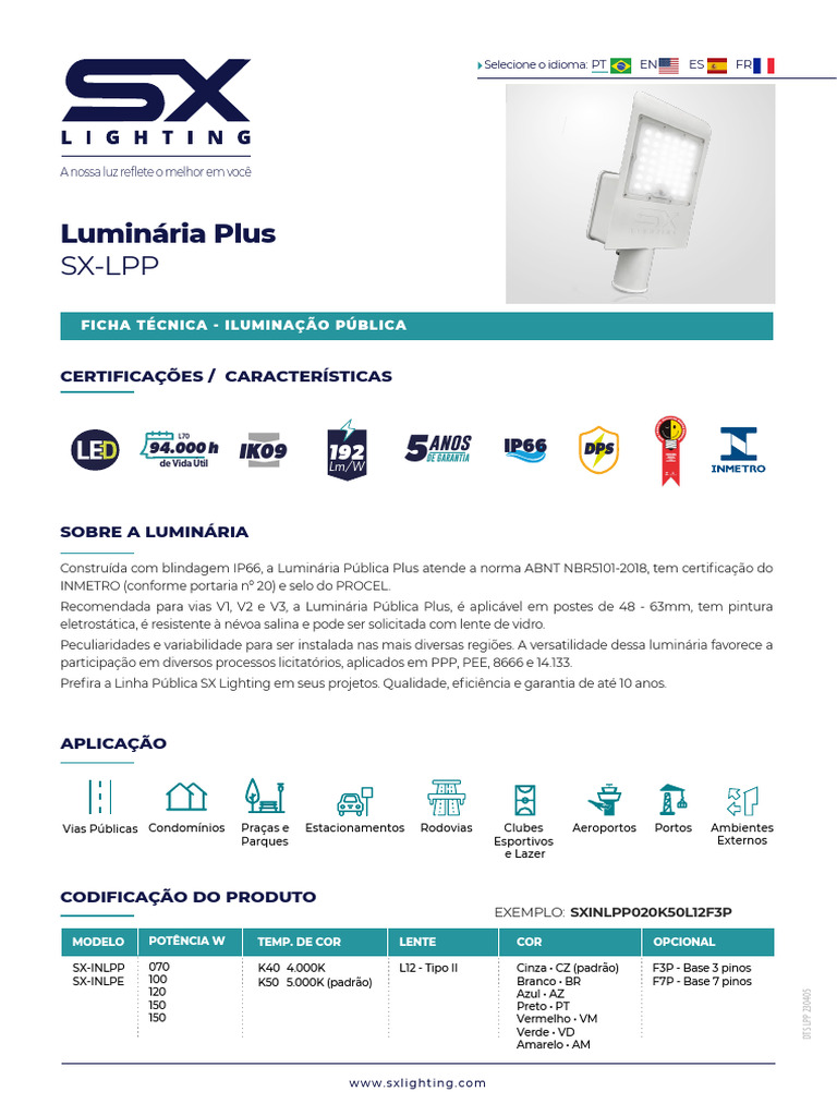 Datasheet SX LPP Luminaria Plus V1 | PDF