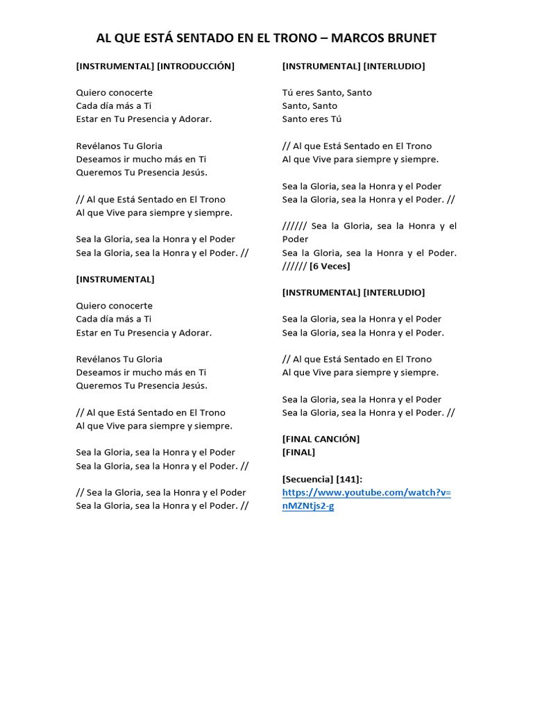 AL QUE ESTÁ SENTADO EN EL TRONO -ORIGINAL- - MARCOS BRUNET -LETRA- | PDF