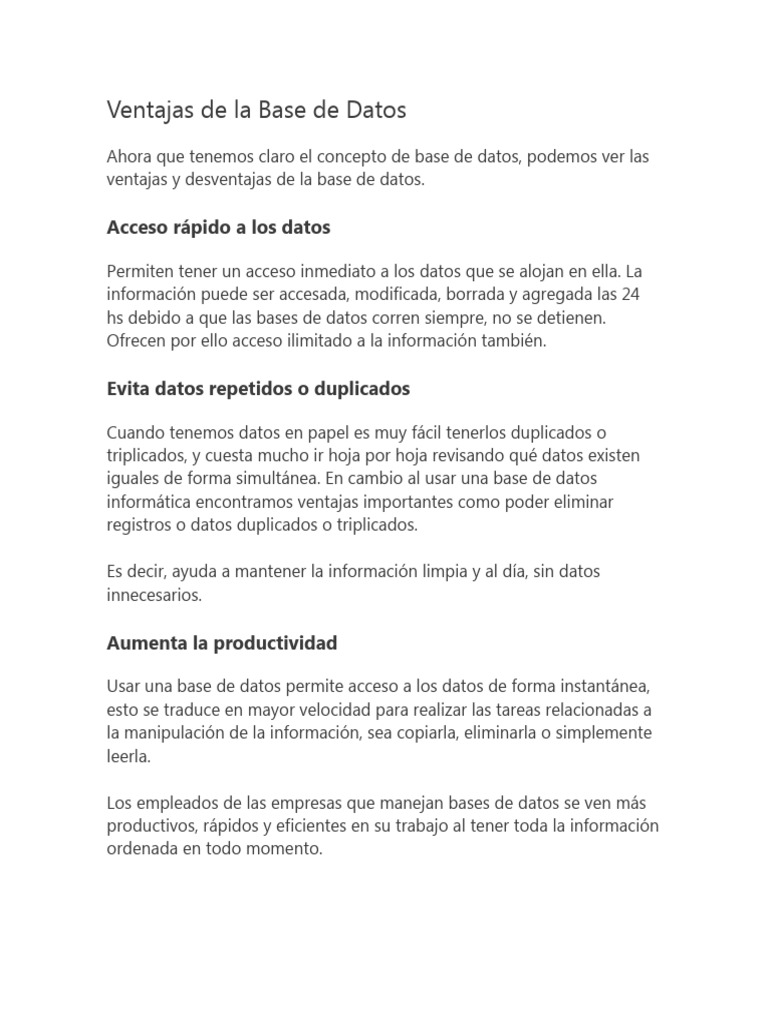 Ventajas Base de Datos | Descargar gratis PDF | Bases de datos | Información