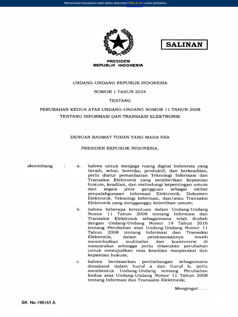 Uu No 1 Tahun 2024 Perubahan Kedua Atas Undang-Undang Nomor 11 Tahun ...