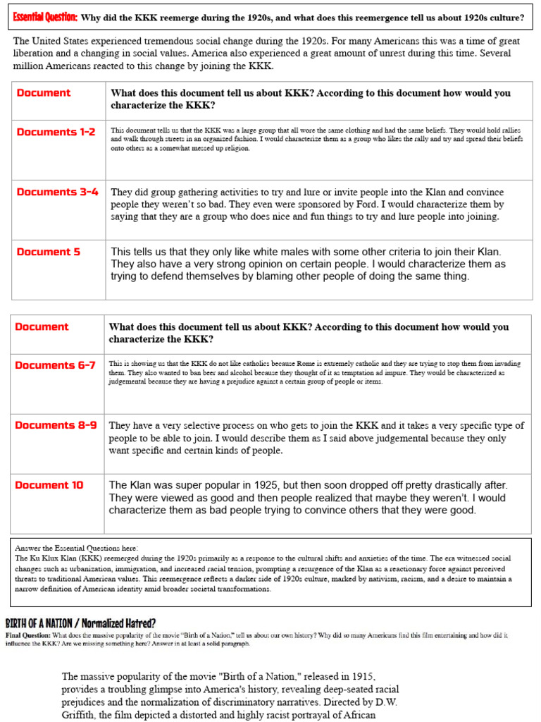 Worksheet about the Klan | PDF | Ku Klux Klan | Racism