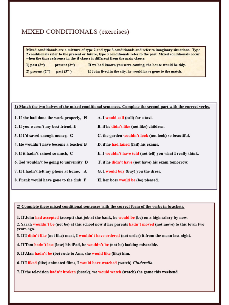 Mixed Conditionals Exercises Guide | PDF | Language Arts & Discipline