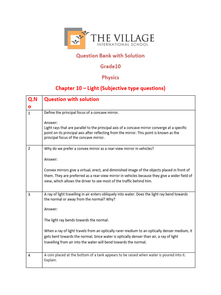 Class 10 Light Numericals Worksheet | PDF | Mirror | Equipment