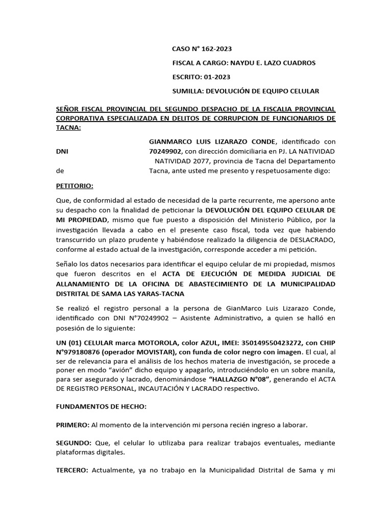 Solicitud de Devolución de Celular Incautado | PDF | Fiscal | Gobierno