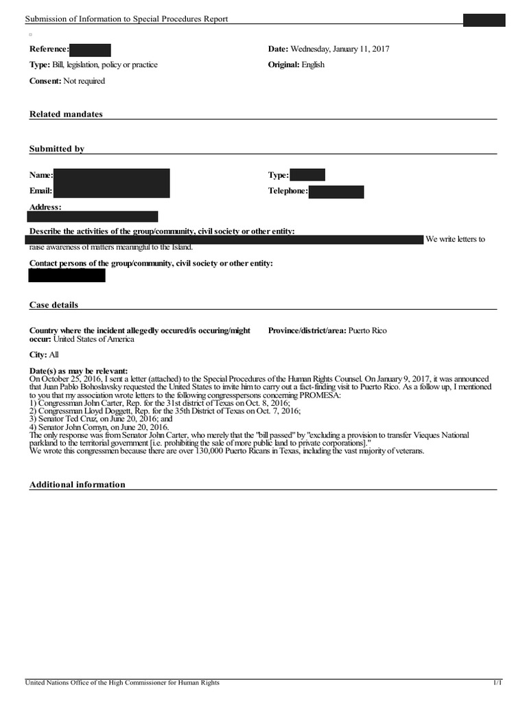 Letter To UN Special Procedures HRC Regarding PROMESA | PDF | Puerto ... Letter To UN Special Procedures HRC Regarding PROMESA | PDF | Puerto ...