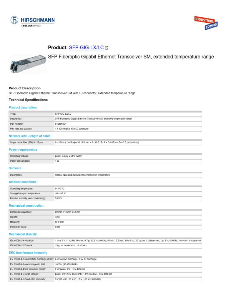 IndComms SFP-GIG-LX LC Datasheet | PDF | Optical Fiber | Manufactured Goods