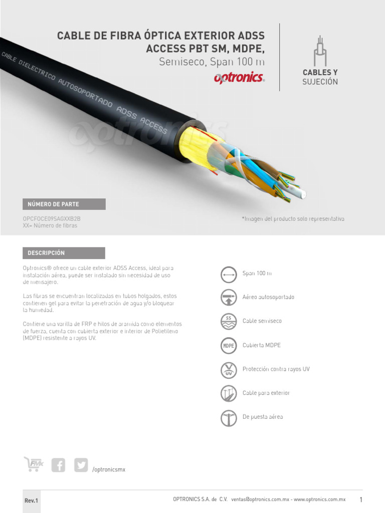 233 Cable de Fibra Óptica Exterior ADSS Access PBT Span 100 | PDF | Fibra óptica | Radiación ...