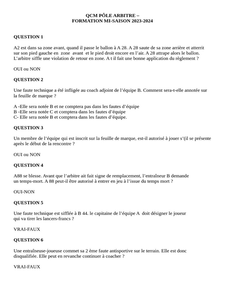QCM Pôle Arbitre - Mi Saison 2023-2024 | PDF | Des sports | Règles et ...