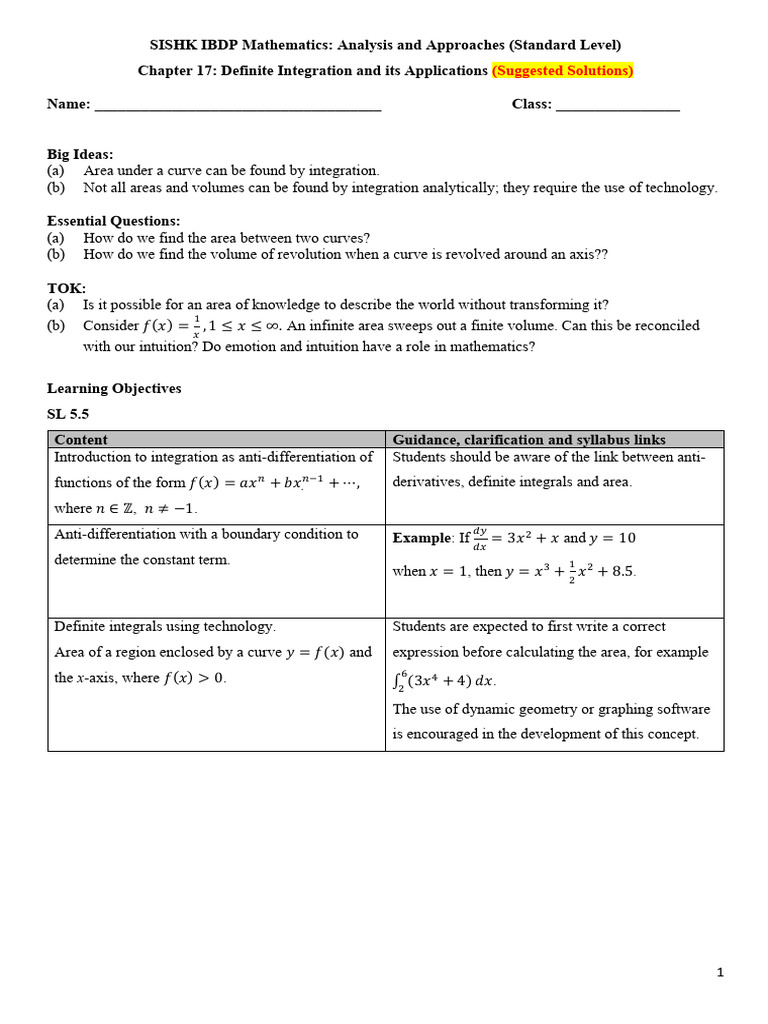 SL Ch17 Definite Integration and Its Applications Lecture Notes ...