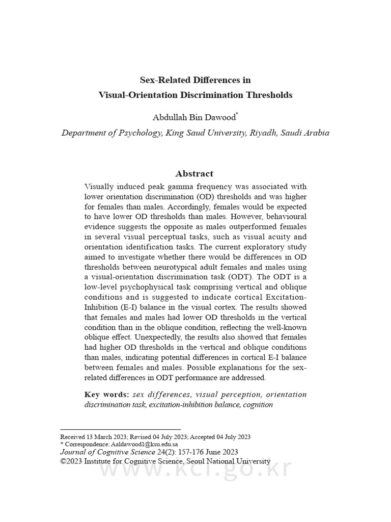 Sex Related Differences In Visual Orientation Discrimination Thresholds Pdf Contrast Vision