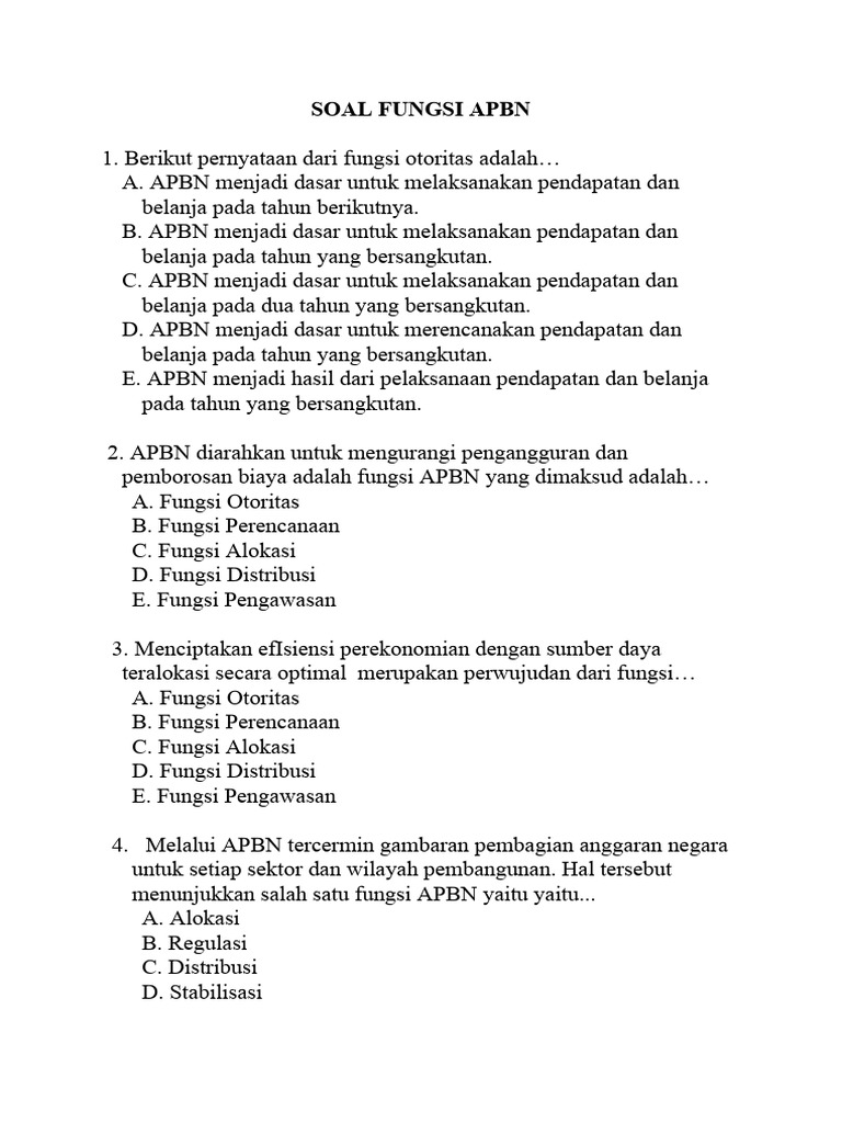 Soal Fungsi Apbn | PDF | Pengelolaan Keuangan & Uang